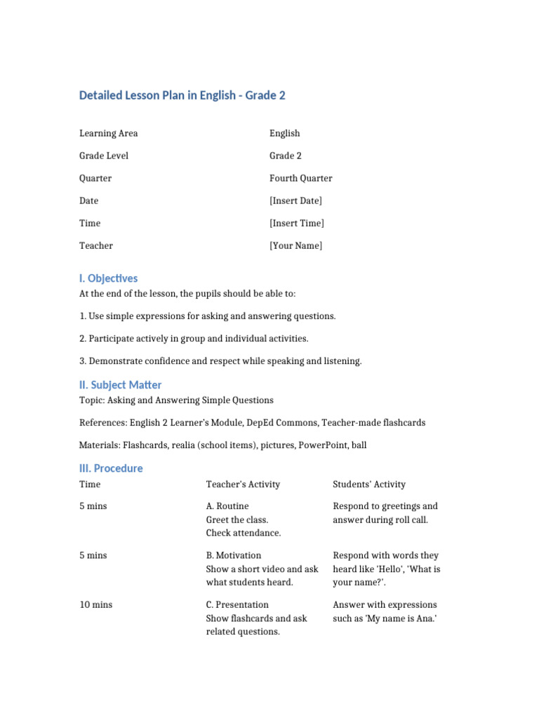Grade 2 English Lesson Plan: Questions | PDF | Lesson Plan | Teachers