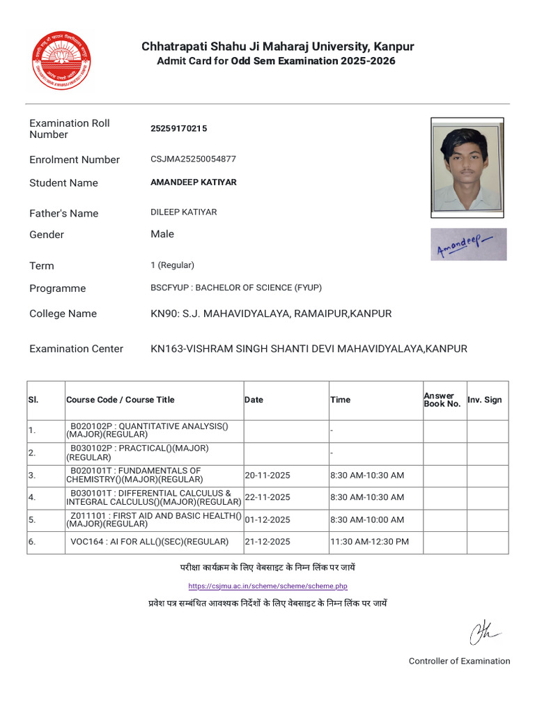 Csjmu.samarth.edu.in Index.php Examstudent Hall-Admit-card View Id ...