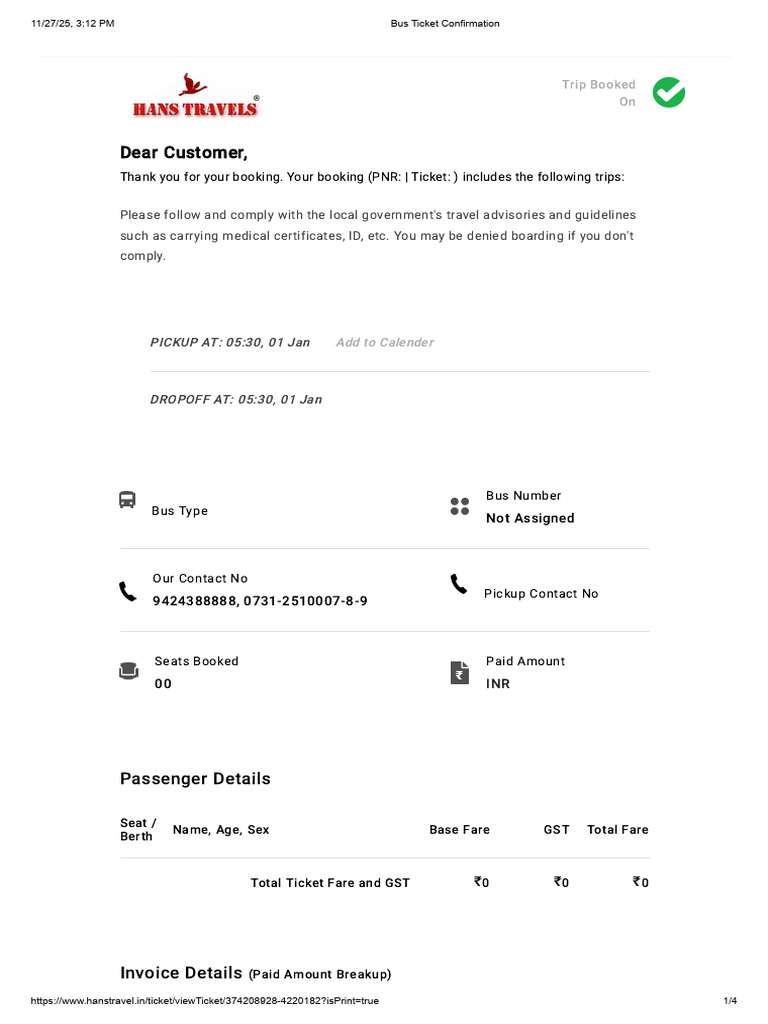 Bus Ticket Confirmation Details | PDF | Fare