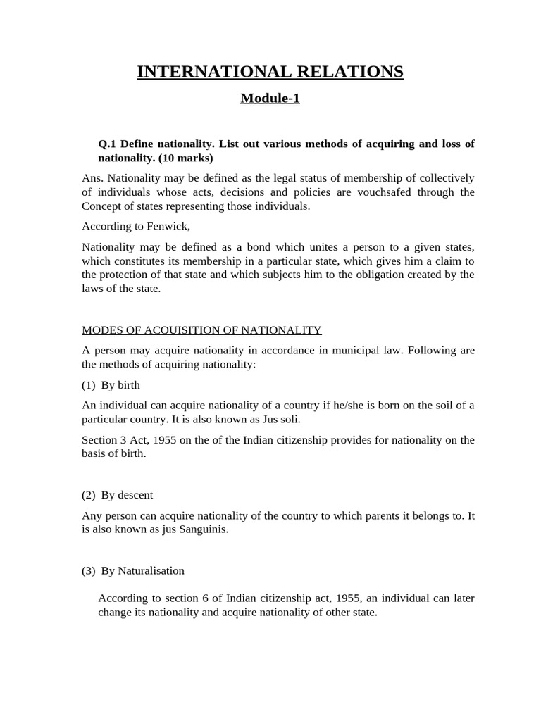 International Relations Question Bank | PDF | Nationality | International Law