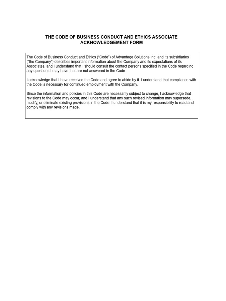 Code of Business Conduct and Ethics Associate Acknowledgement For Men | PDF
