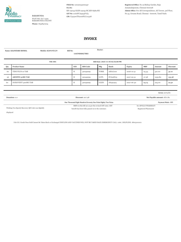 Apollo Pharmacy Invoice Details | PDF