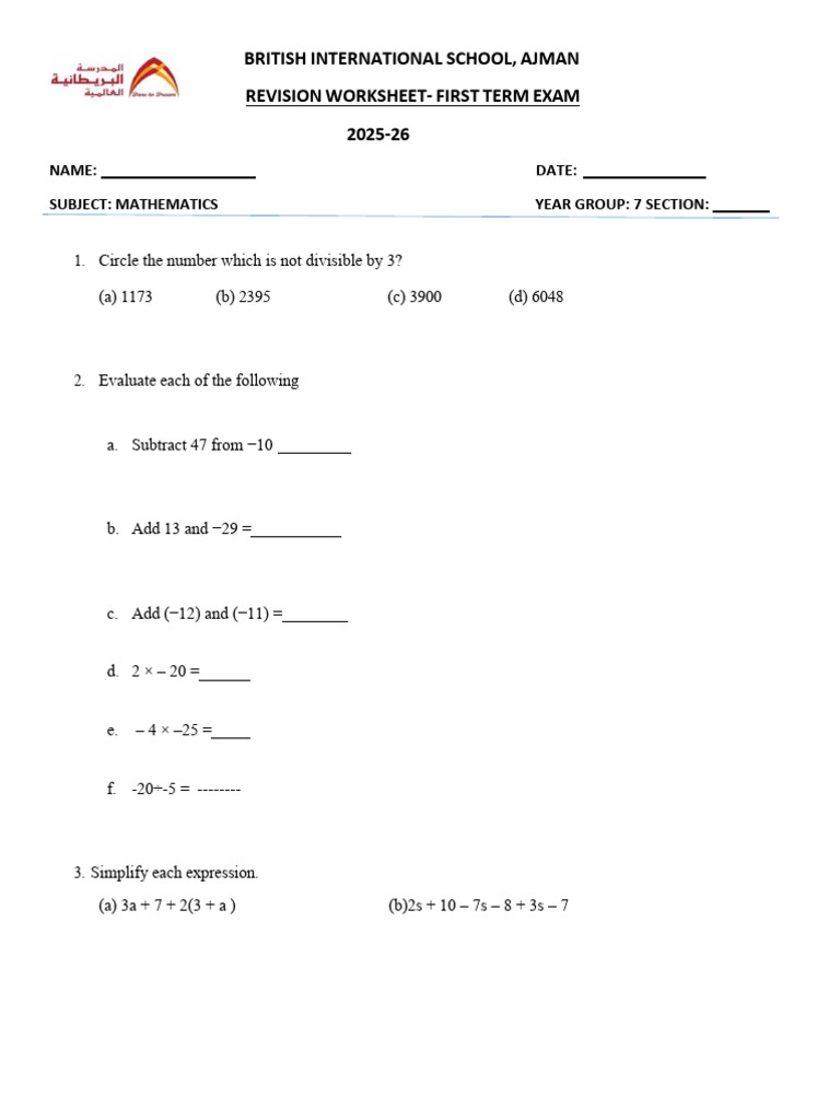 Year 7 Math Revision Worksheet 2025-26 | PDF