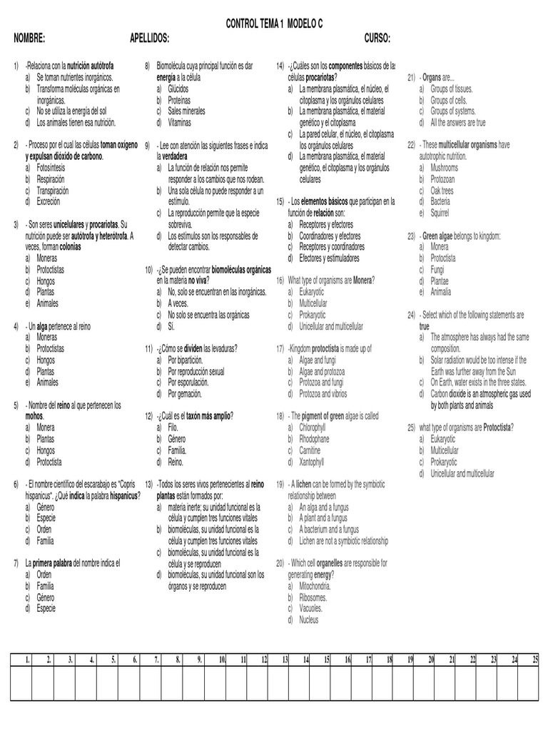 control tema 1 MODELO C | PDF | Biología Celular) | Organismos