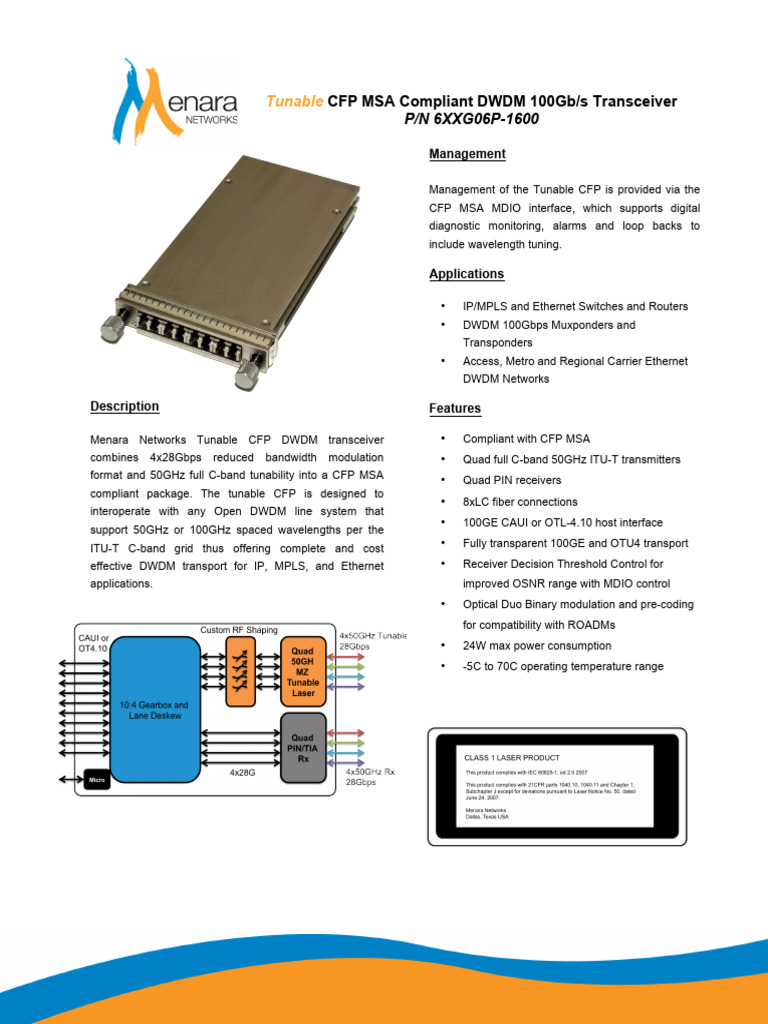187-06001-05 Tunable CFP 100Gb- Product Datasheet | PDF | Wavelength ...