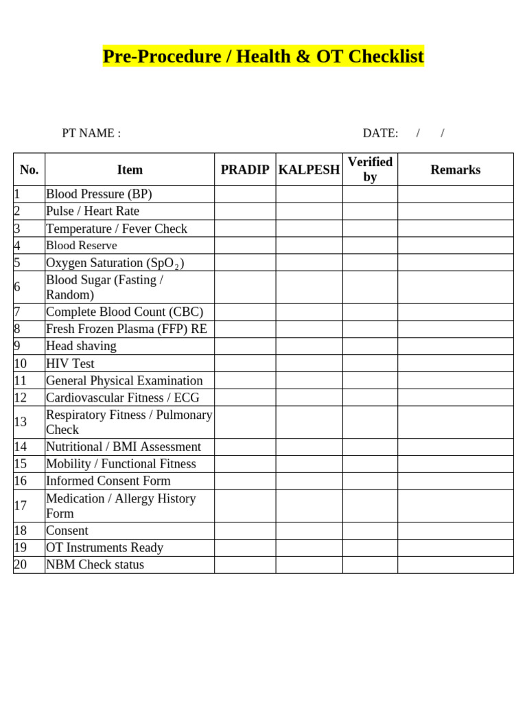 Pre-Procedure / Health & OT Checklist: PT Name: Date | PDF