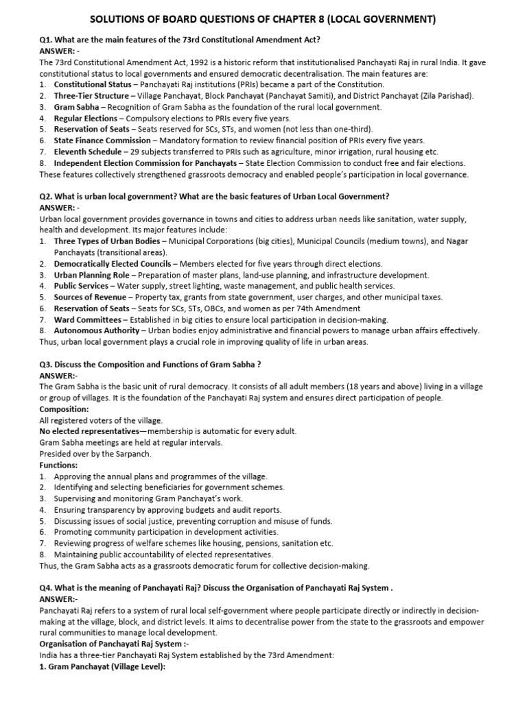 Solutions of Board Questions of Chapter 8 (Local Government) - 1 | PDF ...