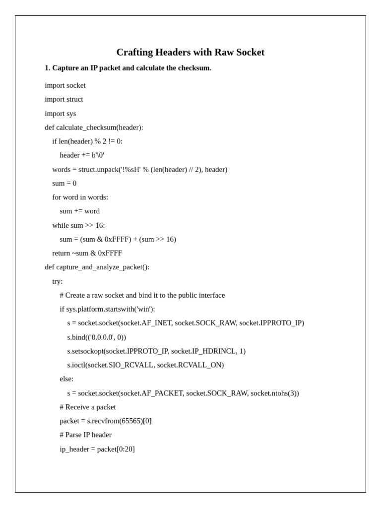 Crafting Headers With Raw Socket | PDF | Network Socket | Network Protocols