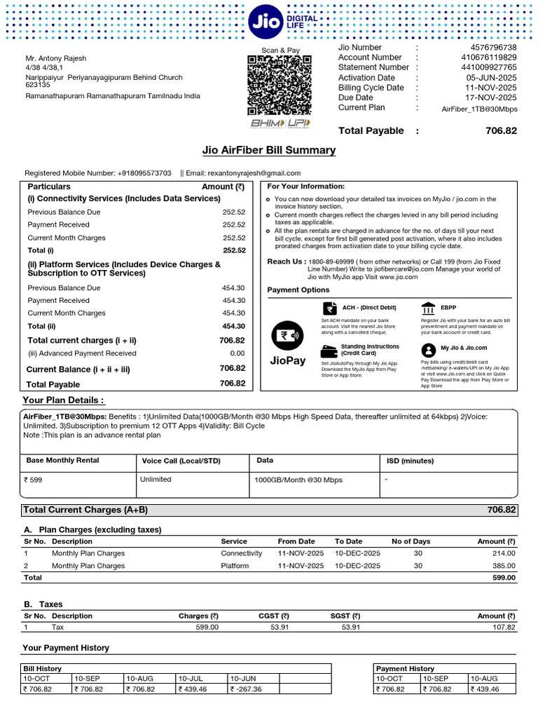 Jio AirFiber Bill Summary and Payment Details | PDF | Payments | Credit ...