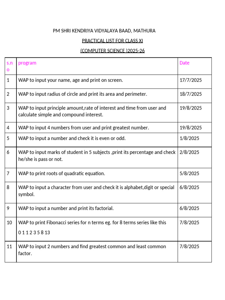 XI-CS Practical File | PDF | Numbers | Number Theory