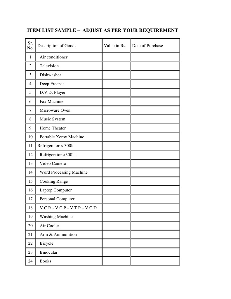 Item List Template for Customization | PDF