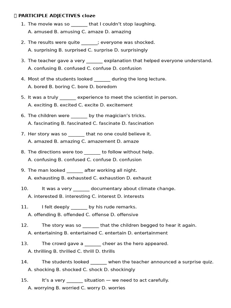 Participle Adjectives Cloze | PDF