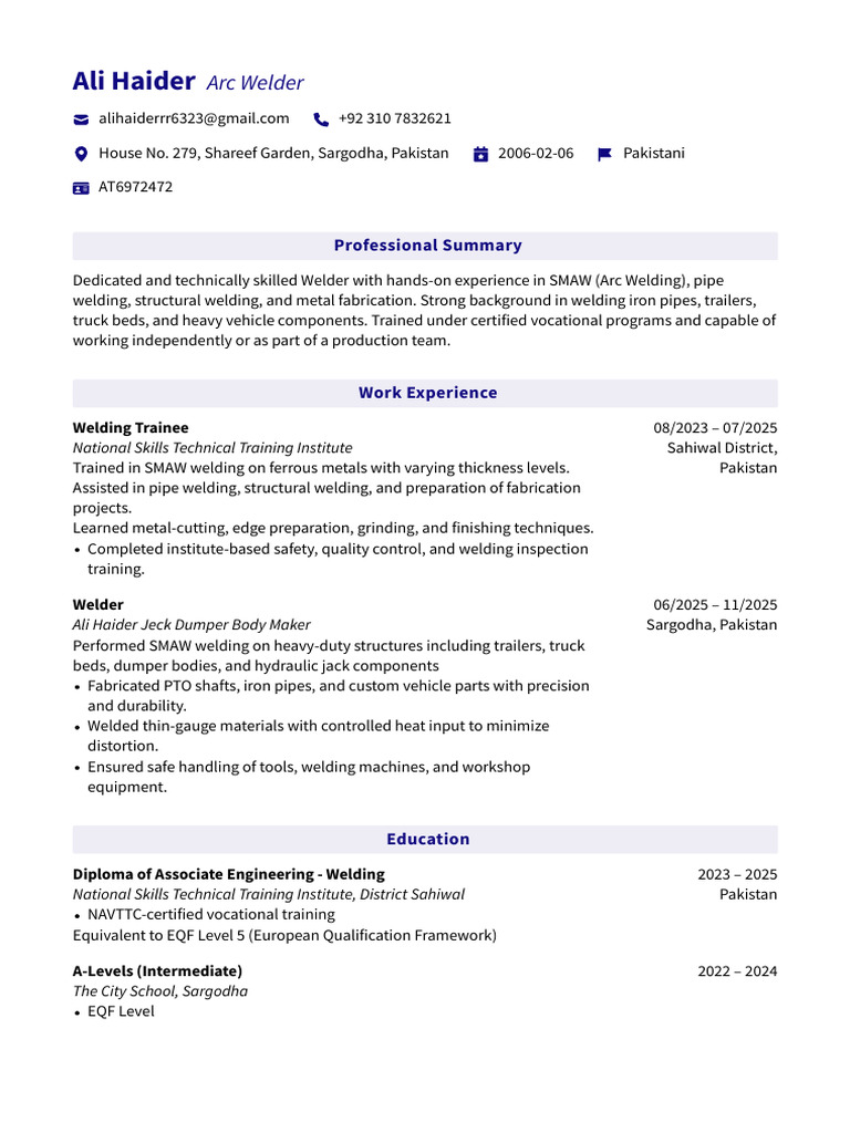 Ali Haider FlowCV Resume 20251123 | PDF | Welding | Construction