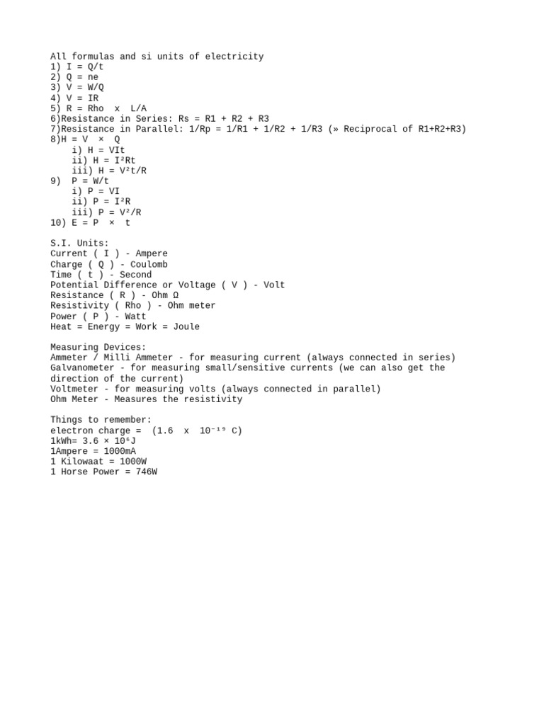Electricity Formulas and SI Units Guide | PDF