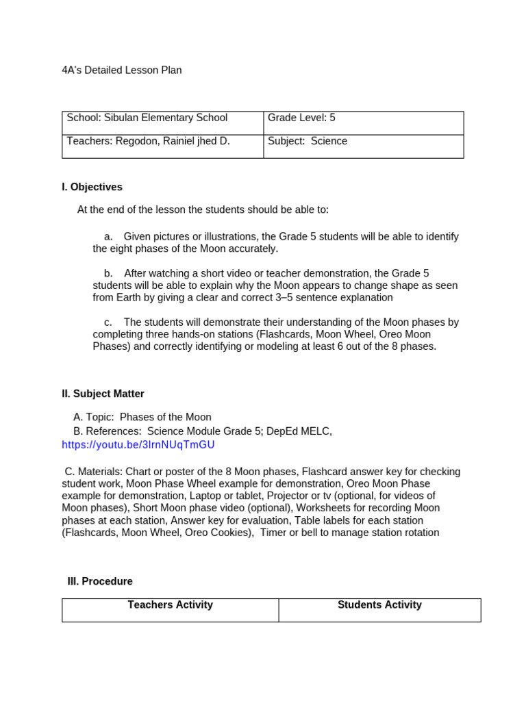 Grade 5 Moon Phases Lesson Plan | PDF | Moon | Planetary Science