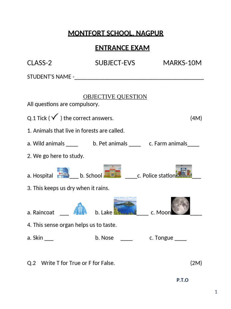 Entrance Exam Paper Class 2 | PDF