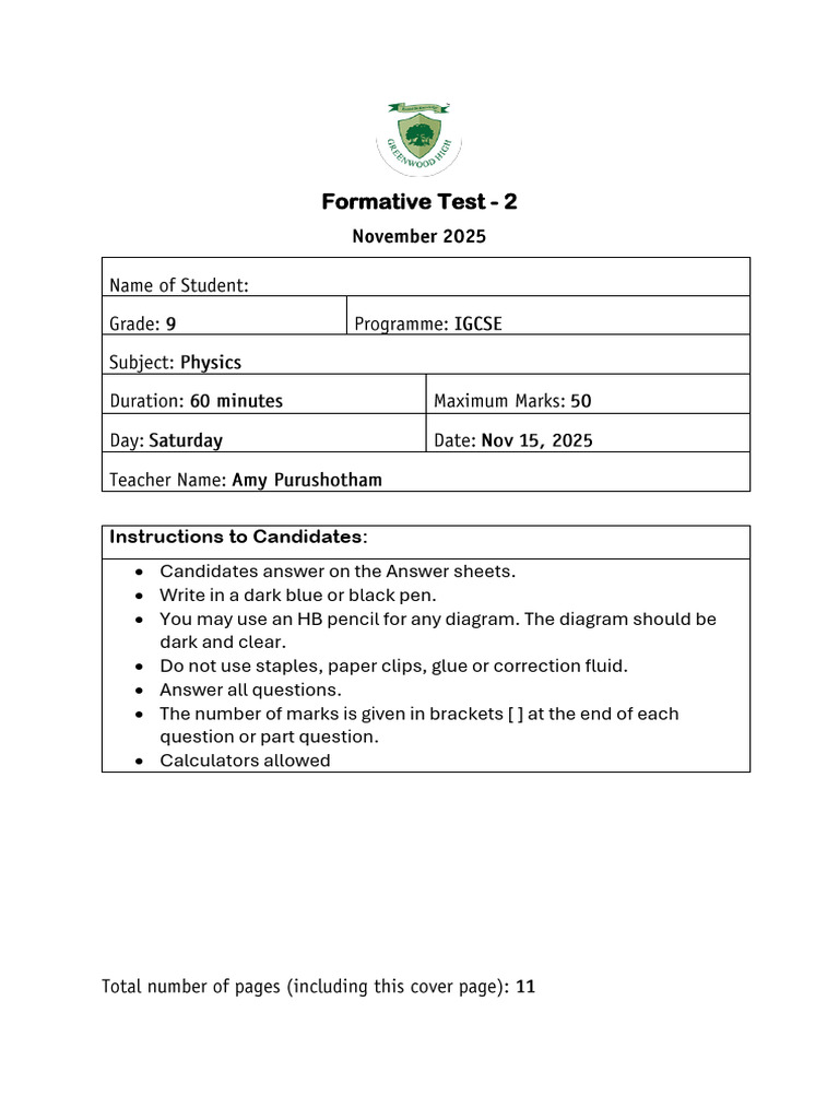 IGCSE Physics Formative Test 2025 | PDF | Force | Orbit