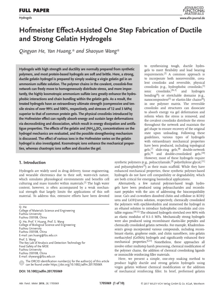 Hofmeister Effect-Assisted One Step Fabrication of Ductile and Strong ...
