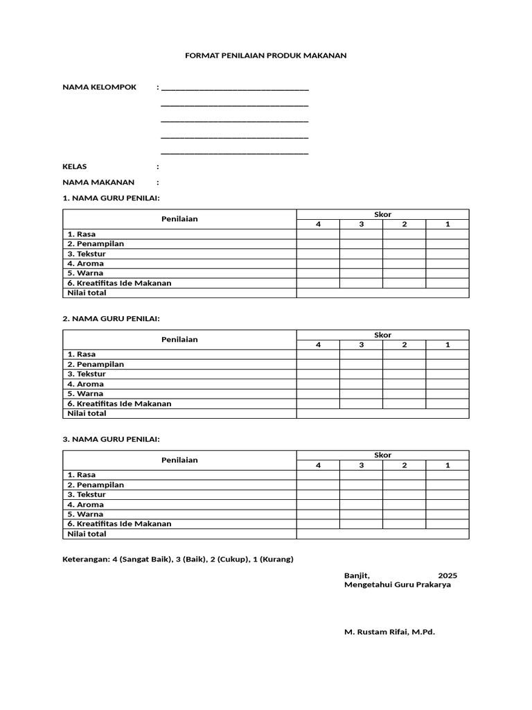 Format Penilaian Makanan Prakarya | PDF