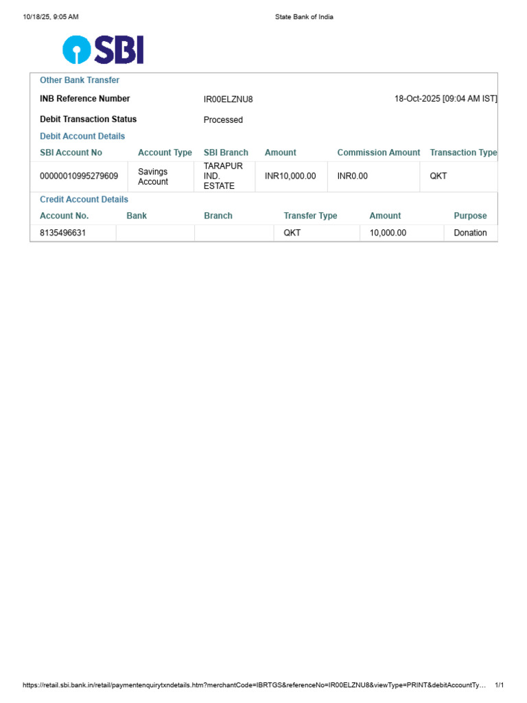 INB Reference Number Debit Transaction Status: Ir00Elznu8 18-Oct-2025 ...