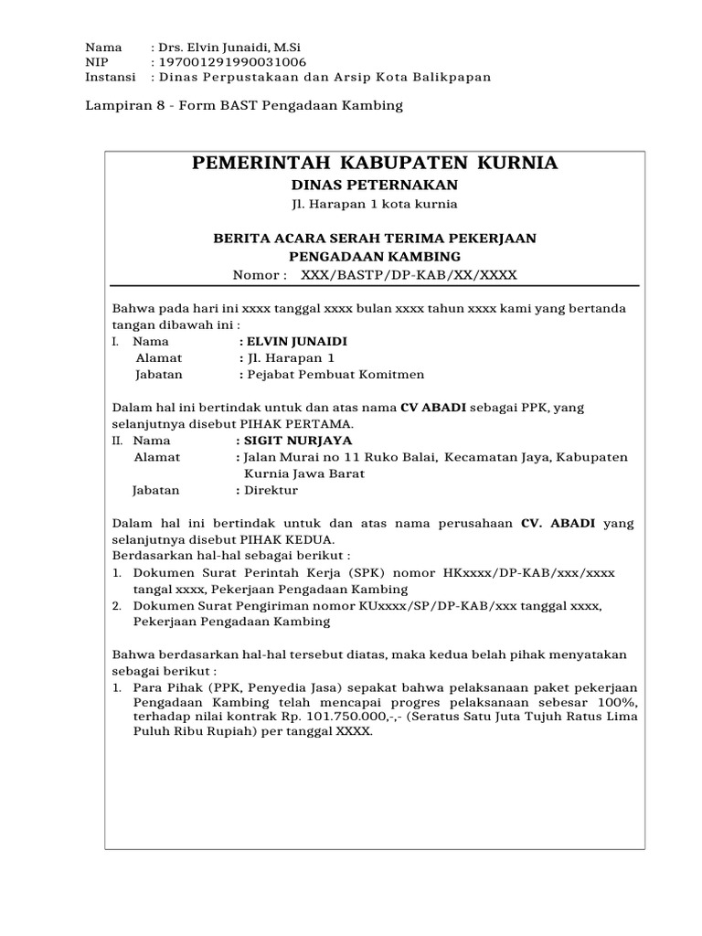 849097710 Lampiran 7 Form BAST Pengadaan Kambing | PDF