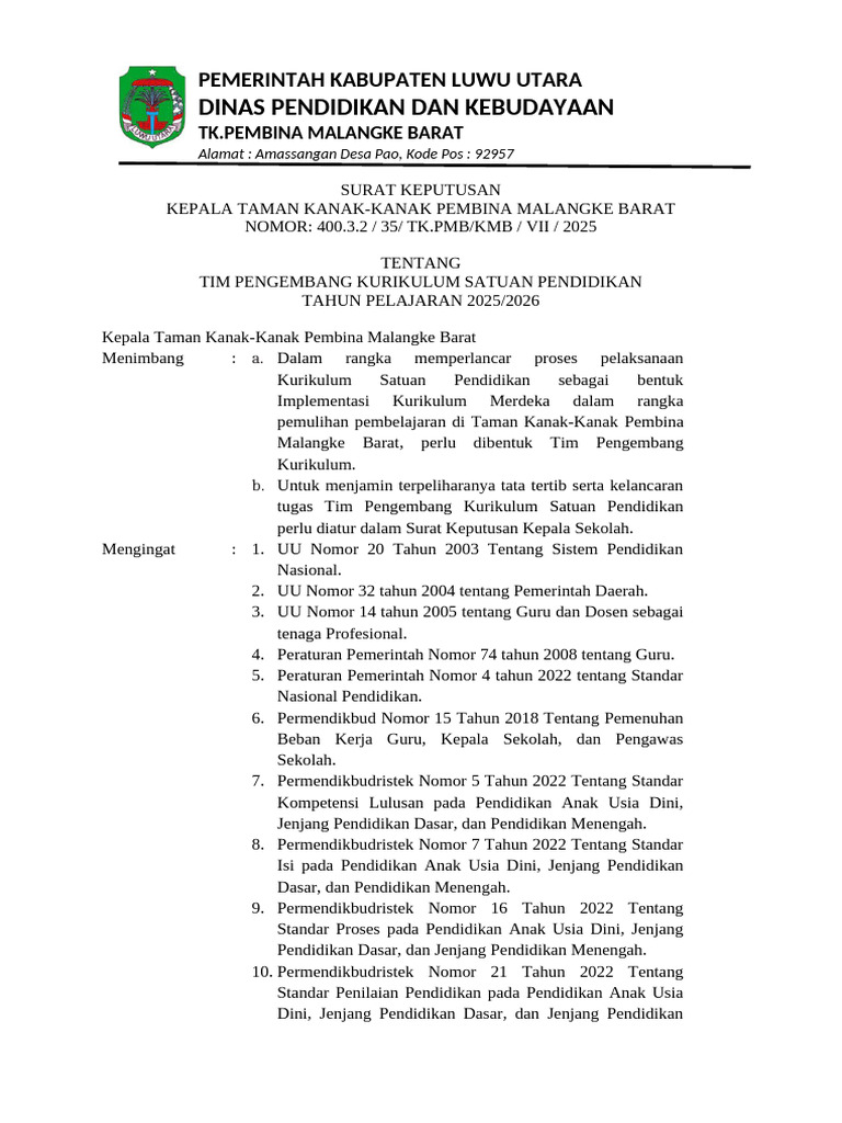 SK Tim Pengembang Kurikulum | PDF