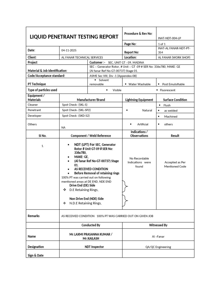 04-11-2025-AL FANAR-PT-354 (1st Visit - Stage 1) | PDF | Nondestructive ...