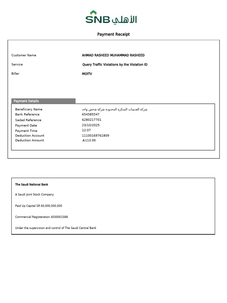 Payment Receipt for Traffic Violation | PDF