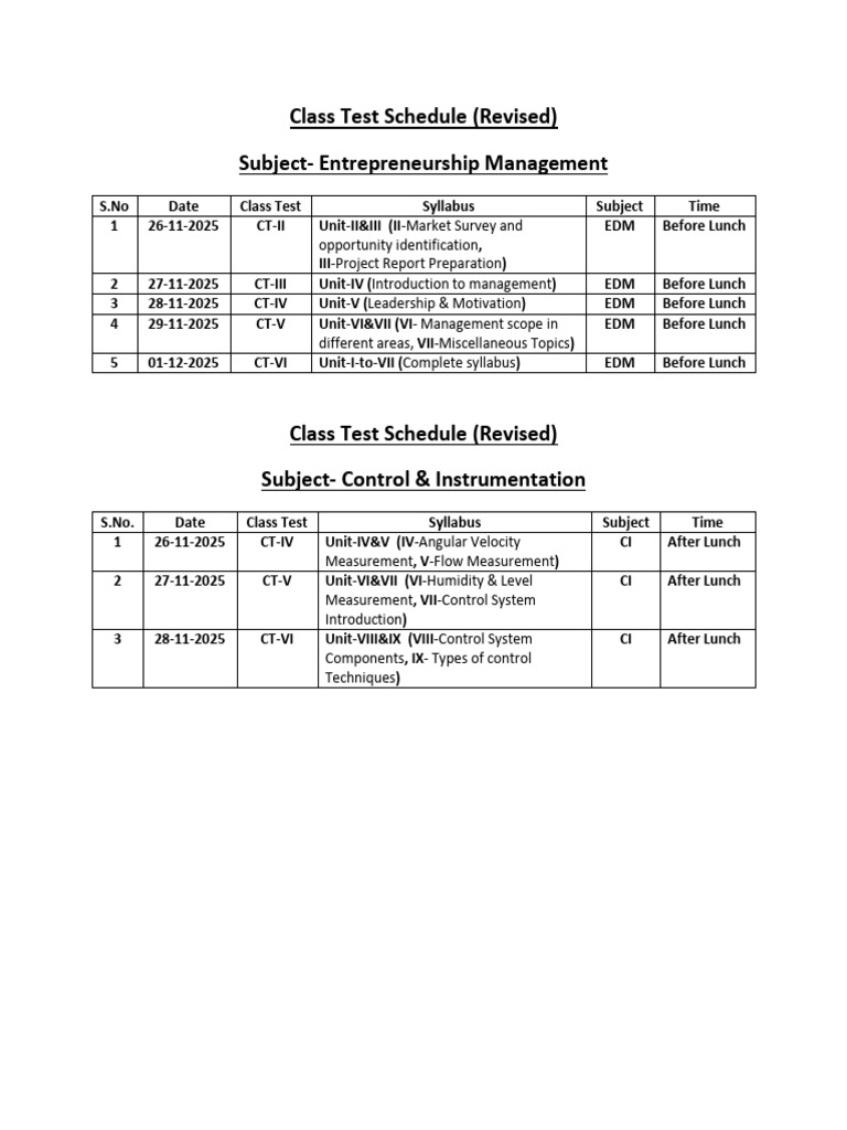 Revised Class Test Schedule 2025 | PDF