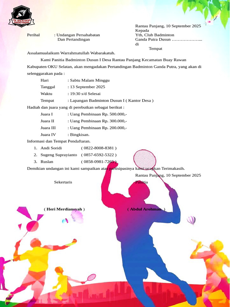 Undangan Pertandingan Badminton Ganda Putra | PDF