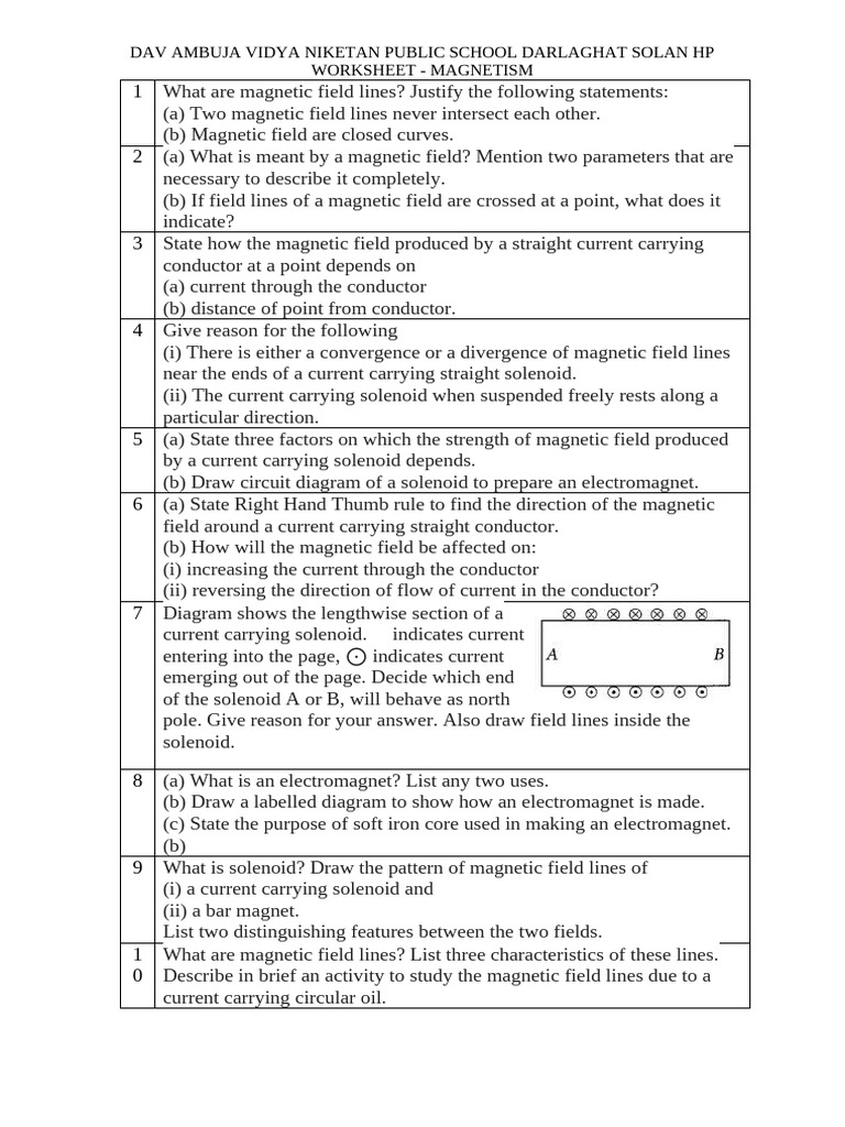 Magnetism Worksheet - X | PDF | Magnetic Field | Force