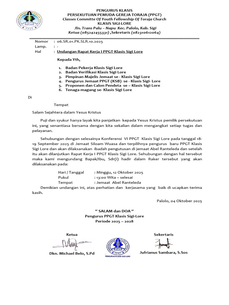 Undangan Rapat Kerja PPGT Sigi Lore | PDF