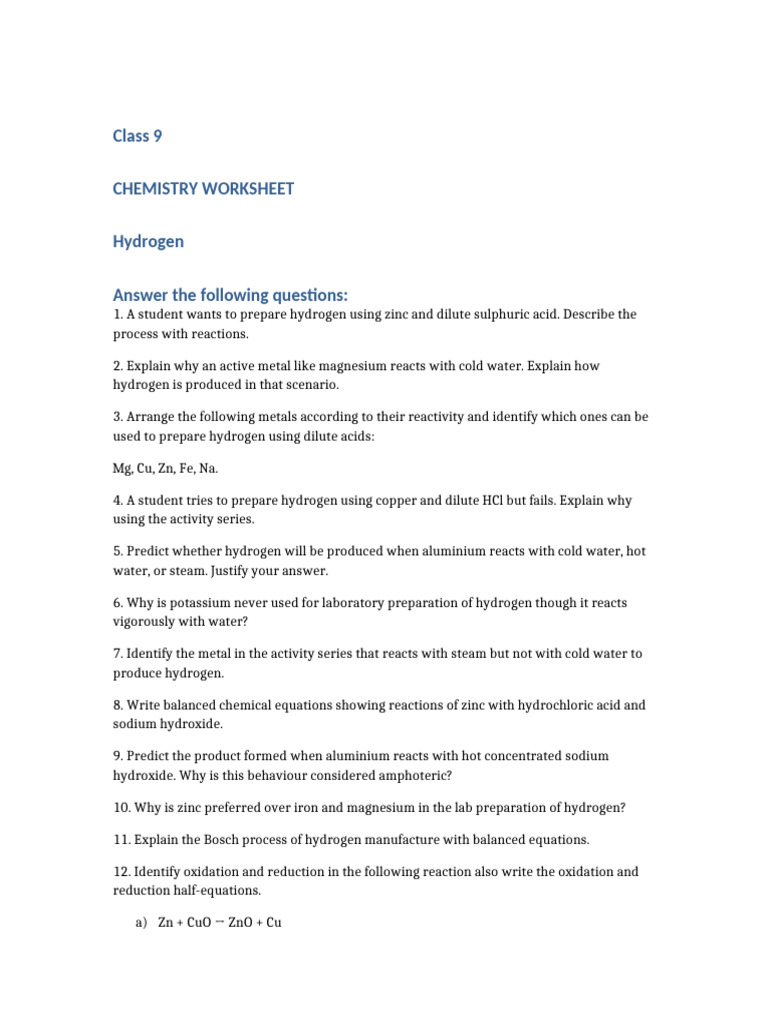 Class 9 Chemistry: Hydrogen Production Worksheet | PDF
