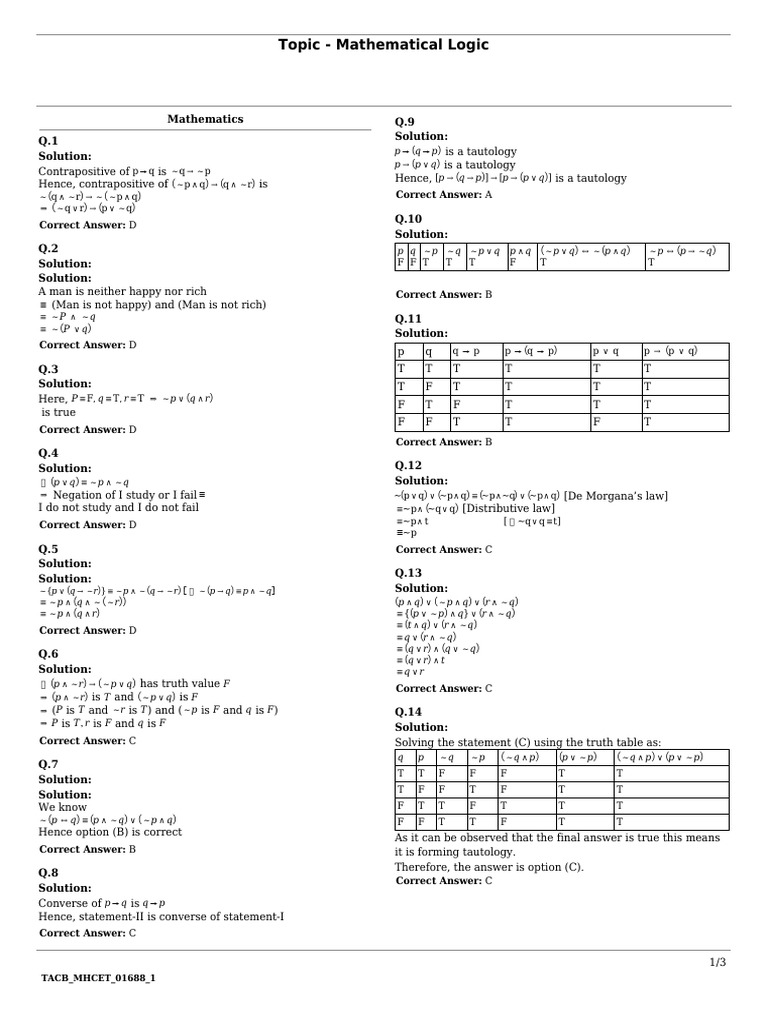 Mathematical Logic Solutions and Concepts | PDF | If And Only If ...