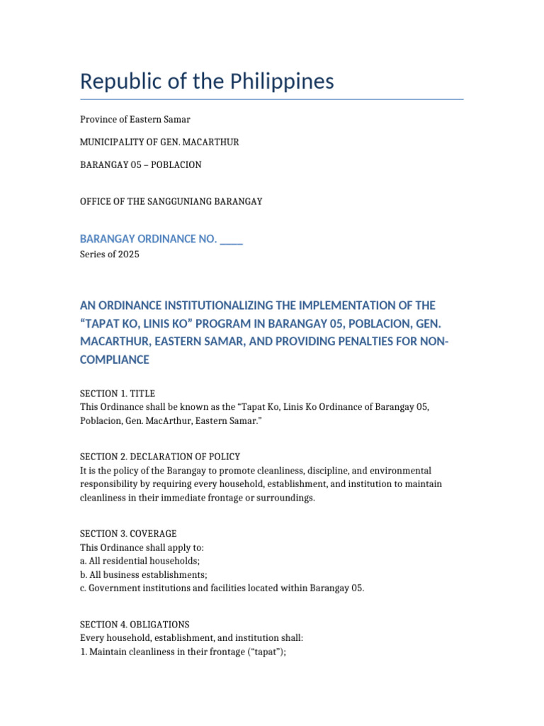 Tapat Ko, Linis Ko Ordinance 2025 | PDF | Waste | Environmental Issues
