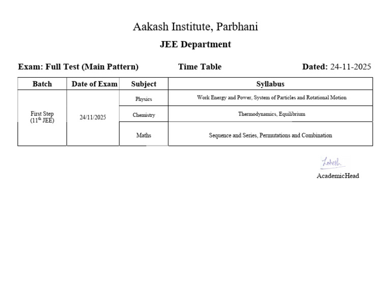 JEE Full Test Schedule - Aakash 2025 | PDF