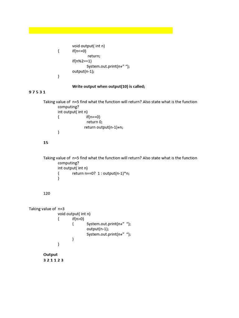 Recursion Output, Programs, and Access Specifier Table | PDF | Integer ...