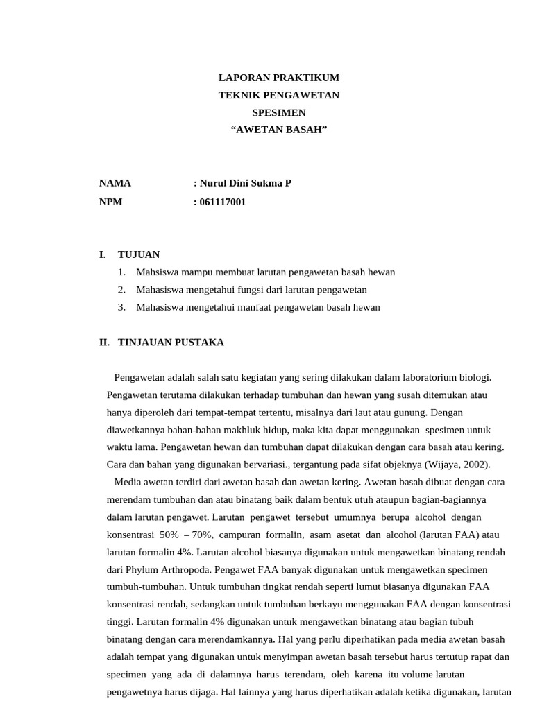 Laporan Praktikum Teknik Pengawetan Spesimen Awetan Basah | PDF