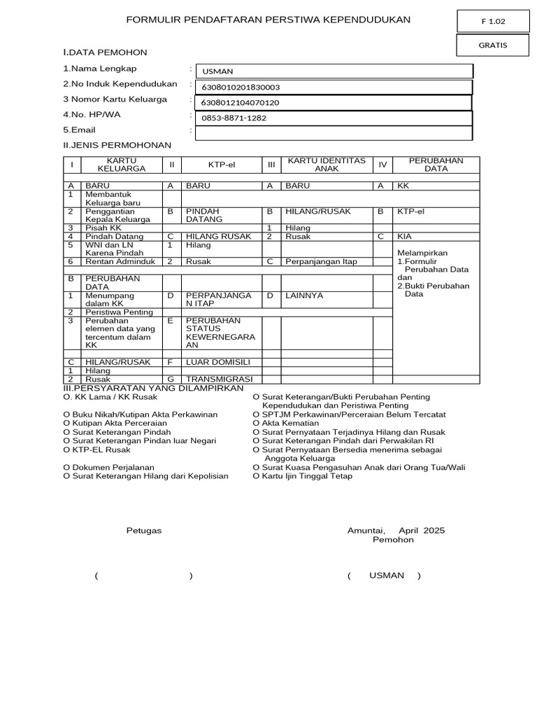Formulir Pendaftaran Perstiwa Kependudukan Akhmad Rusadi | PDF