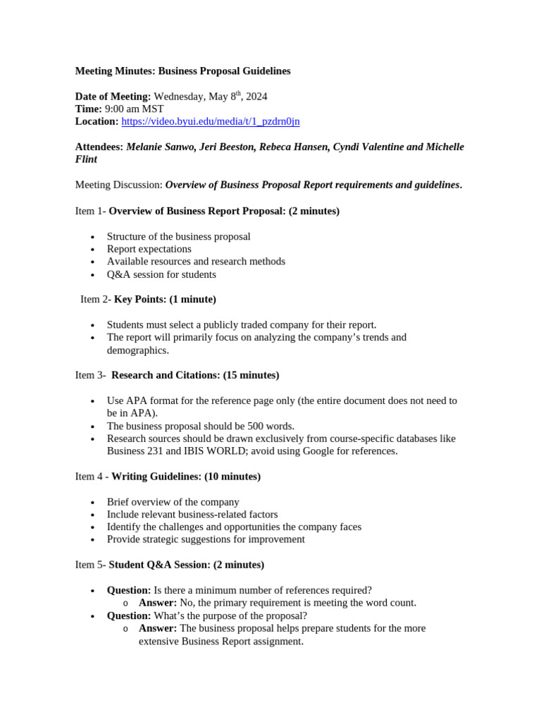 Business Proposal Guidelines Meeting Minutes | PDF