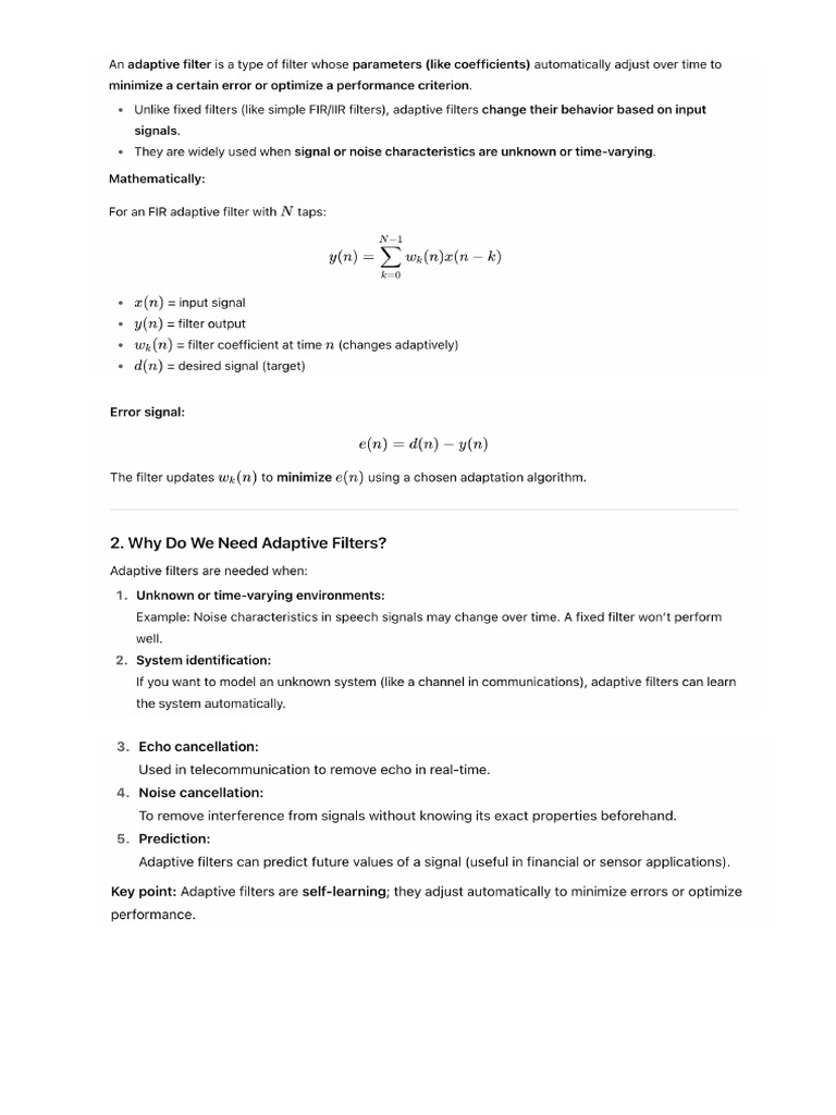 Basics of FIR Adaptive Filter RLS Algorithm | PDF
