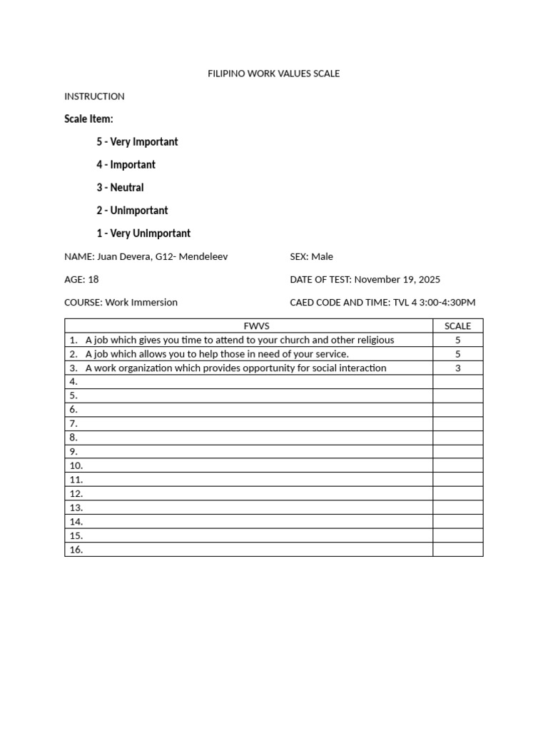 Filipino Work Values Scale Assessment | PDF