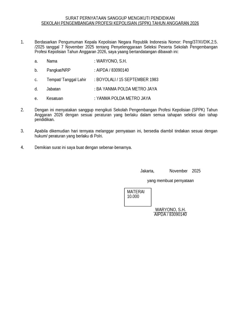 Surat Pernyataan Sanggup Mengikuti Dik SPPK | PDF