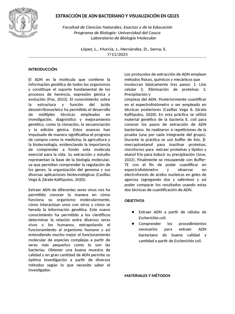 Extracción y Visualización de ADN Bacteriano | PDF | Adn | Biología ...