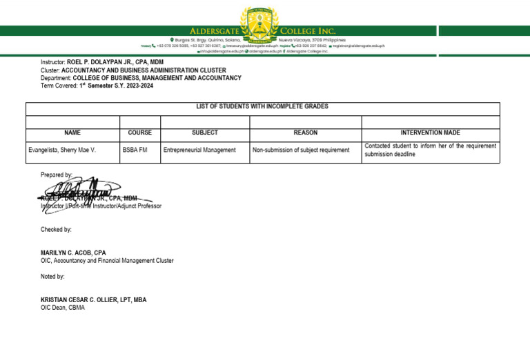 Entrep Management List of Students With INC and FAILED Grades 1st ...