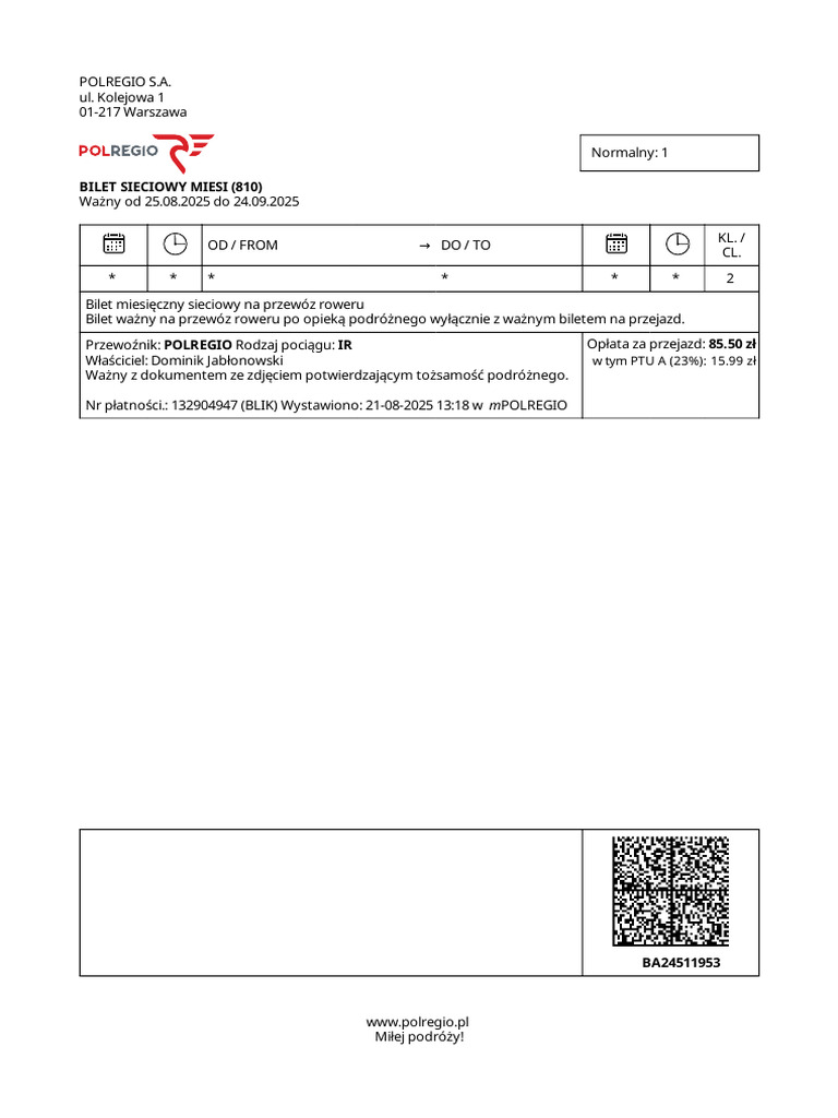 Bilet Sieciowy Miesi (810) : W Tym PTU A (23%) : 15.99 Z | PDF