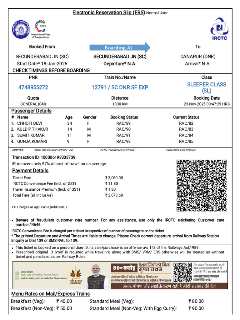 SC DNR SF Exp Sleeper Class (SL) : Electronic Reservation Slip (ERS ...