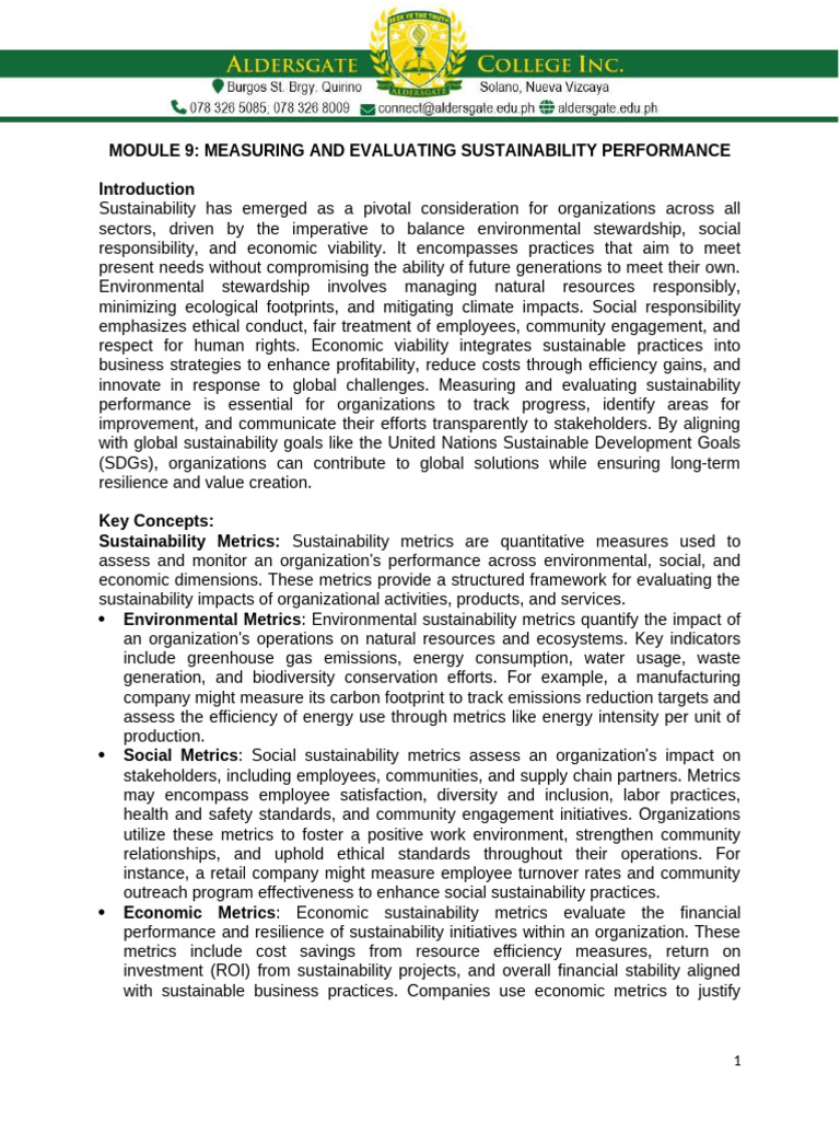 Module 9 Measuring and Evaluating Sustainability Performance | PDF ...