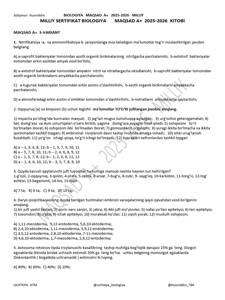 Biologiya Maqsad A+ 2025-2026 3-Variant | PDF