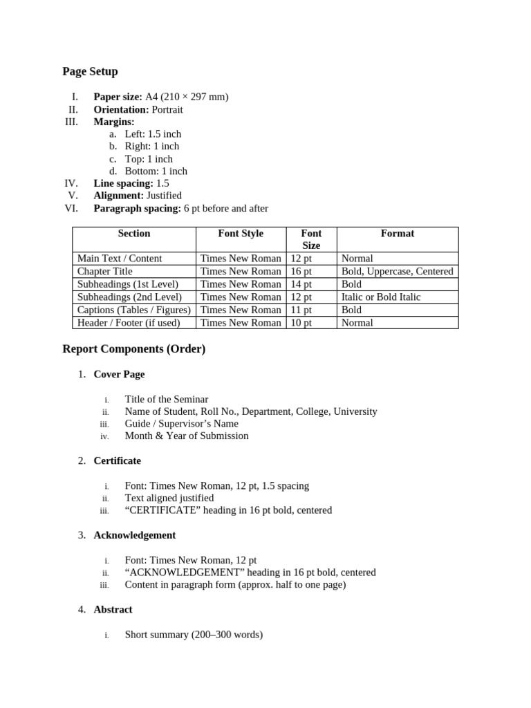 Seminar Report Format Guidelines | PDF | Times New Roman | Table Of Contents